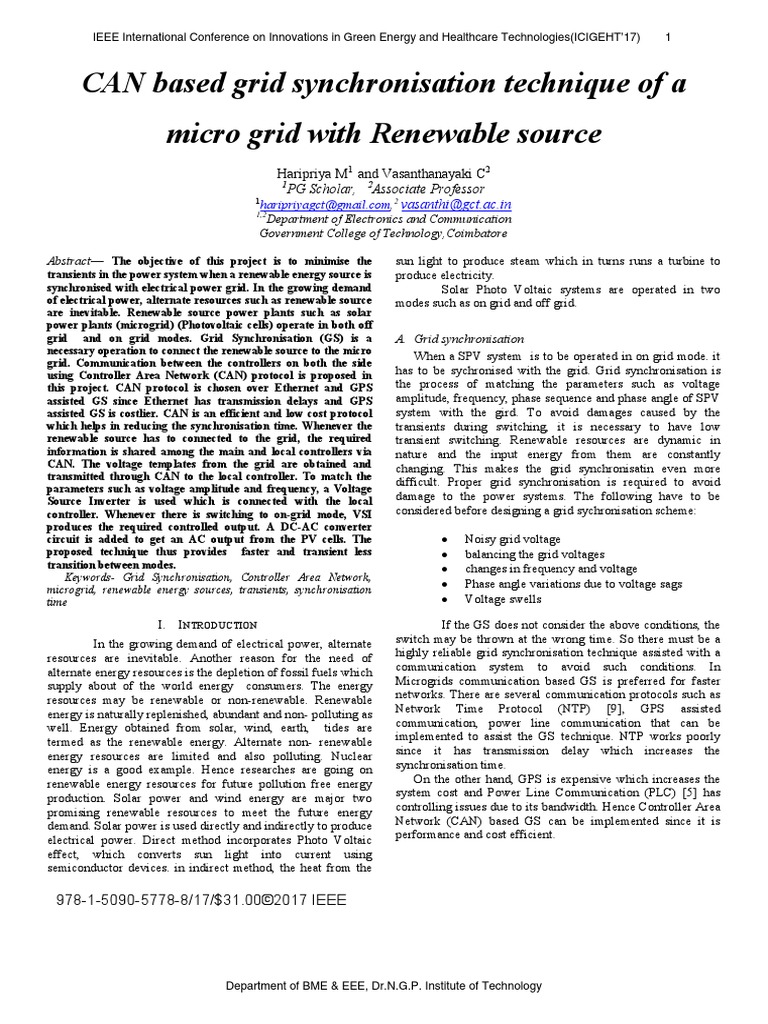 Can Based Grid Synchronisation Technique Of A Micro Grid With Renewable Source Pdf Power