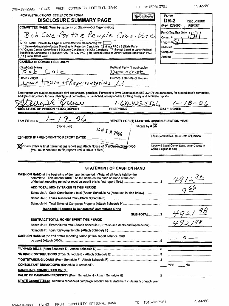 Disclosure Summary Page: FCR Instructions, See Back of Form On ...