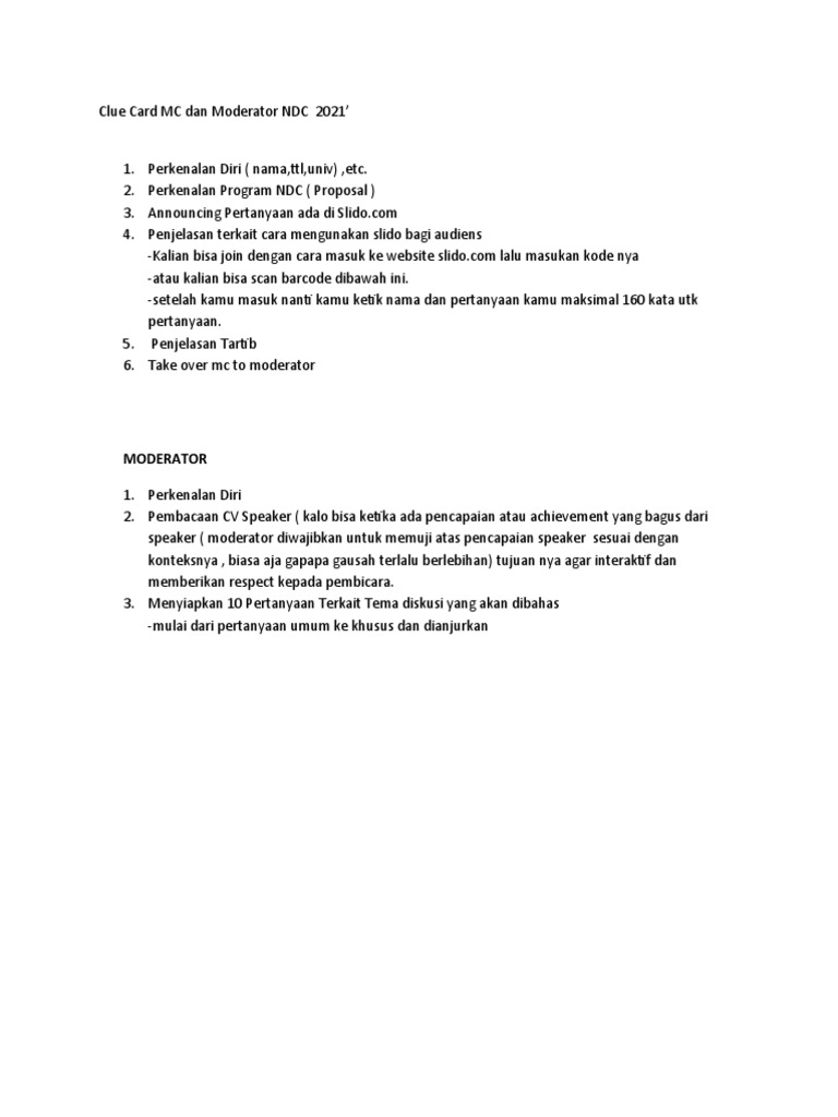 Clue Card MC Dan Moderator NDC 2021 | PDF