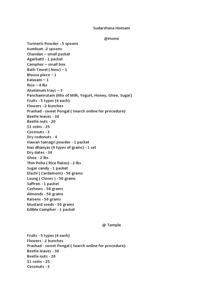 Sudarsana Homam List PDF | PDF | Food And Drink | Asian Cuisine