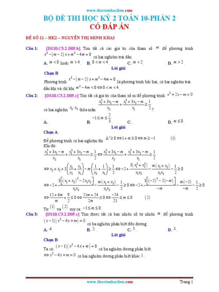 10 De Thi Hk 2 Toan Lop 10 Tap 2 Pdf