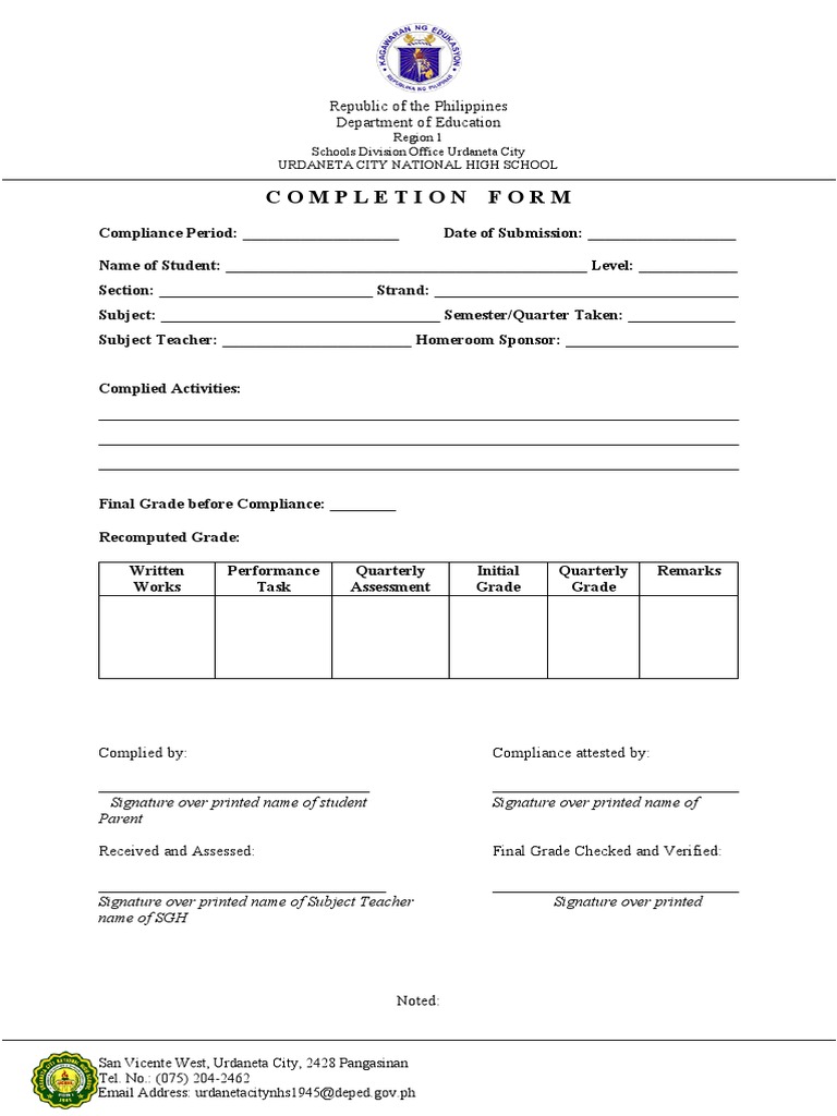 Completion Form: Region 1 Schools Division Office Urdaneta City ...