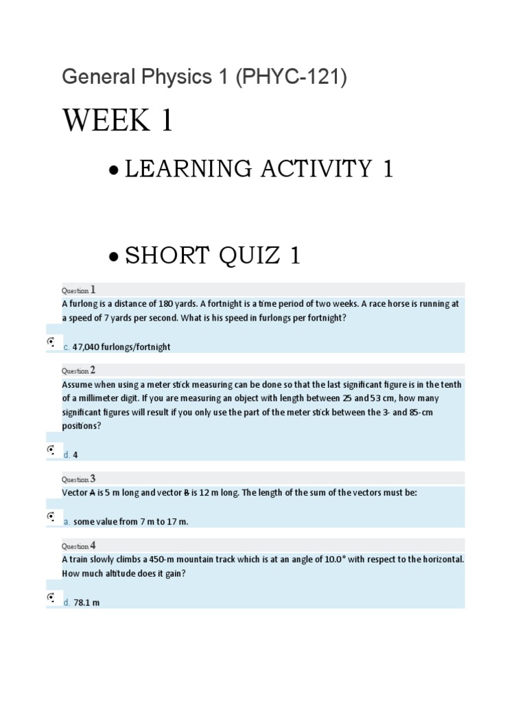 Week 1: Learning Activity 1 Short Quiz 1 | PDF | Collision | Force