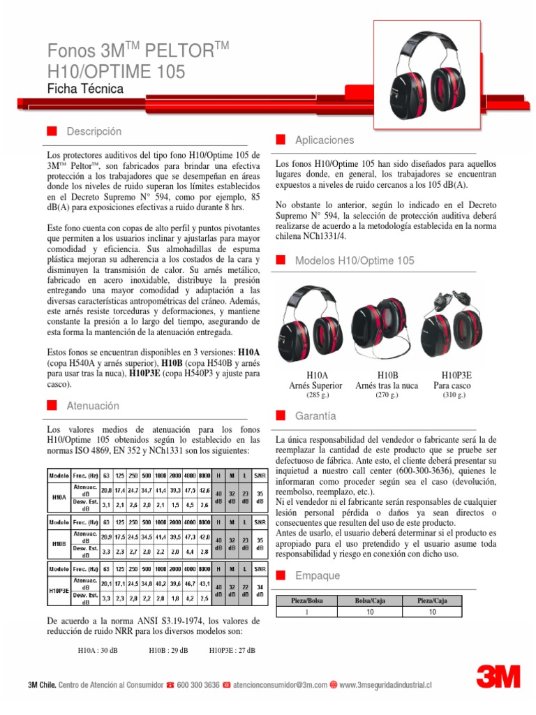 Fonos 3M Peltor H10/OPTIME 105: Ficha Técnica | PDF | Science | Ciencia y Tecnología