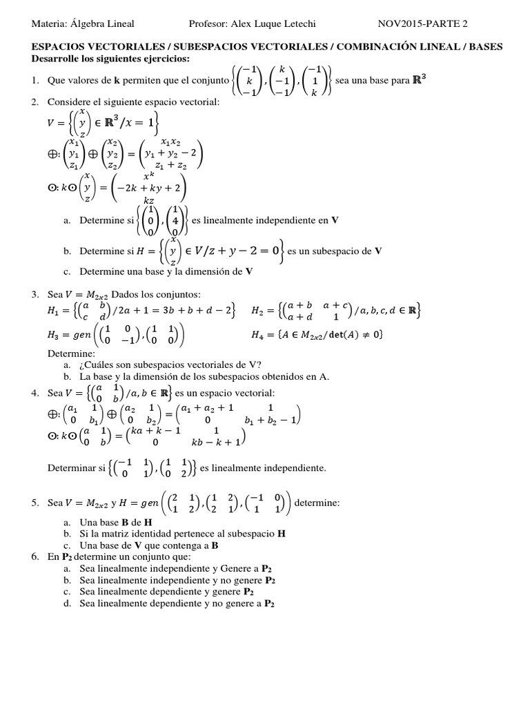Ejercicios de Algebra Lineal | PDF | Base (álgebra lineal) | Conceptos ...