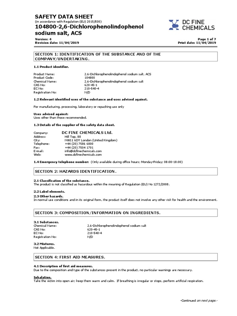 Safety Data Sheet 104800-2,6-Dichlorophenolindophenol Sodium Salt, ACS ...