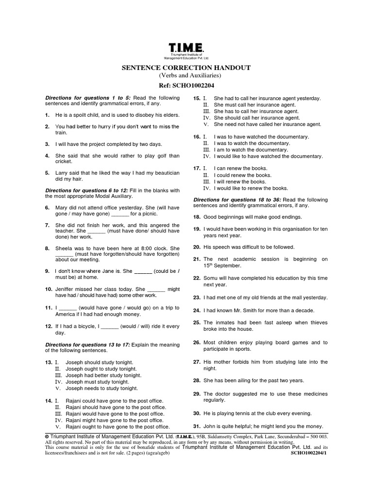 Sentence Correction Handout: (Verbs and Auxiliaries) | PDF | Syntax | Grammar