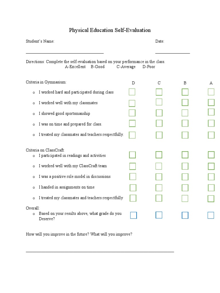 Physical Education Self-Evaluation Form | PDF