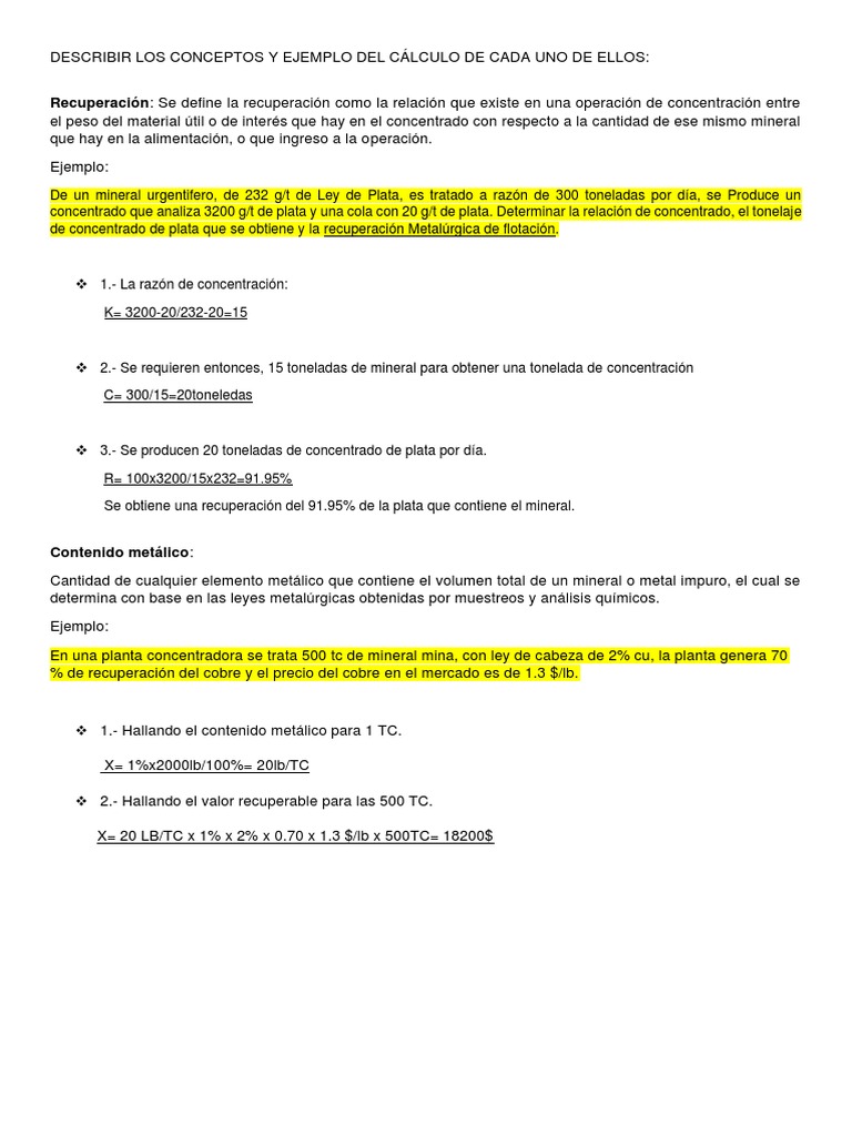 Conceptos y Cálculos Metalúrgicos | PDF | Plata | Minerales