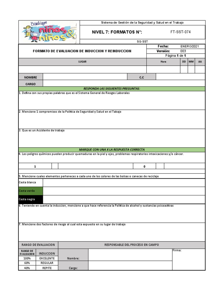 FT-SST-080 Formato Evaluacion de Induccion y Reinduccion | PDF FT-SST-080 Formato Evaluacion de Induccion y Reinduccion | PDF