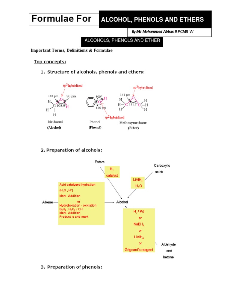 Formulae For: Alcohol, Phenols and Ethers | PDF | Ether | Alcohol