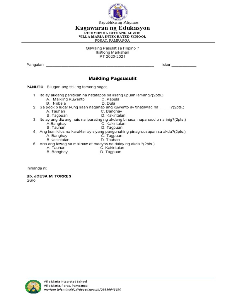 Maikling Pagsusulit Sa Filipino 7 Demo | PDF