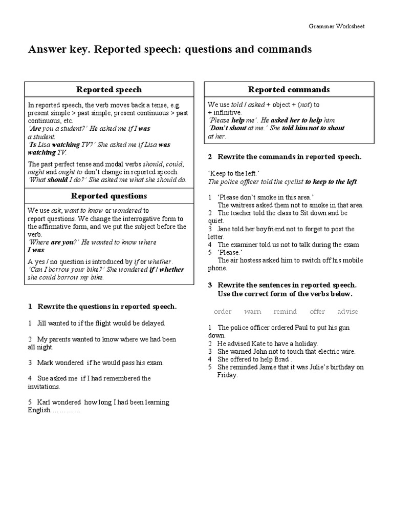 5 Key Reported Speech Questions Commands Worksheet | PDF | Question | Verb