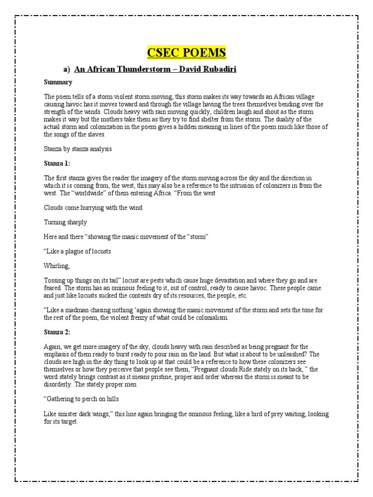Csec Poems: A) An African Thunderstorm - David Rubadiri | PDF | Poetry ...