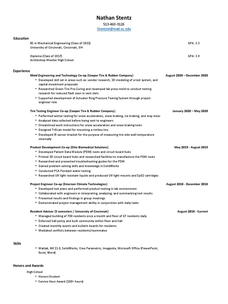 Stentz Nathan Resume | PDF | Engineer