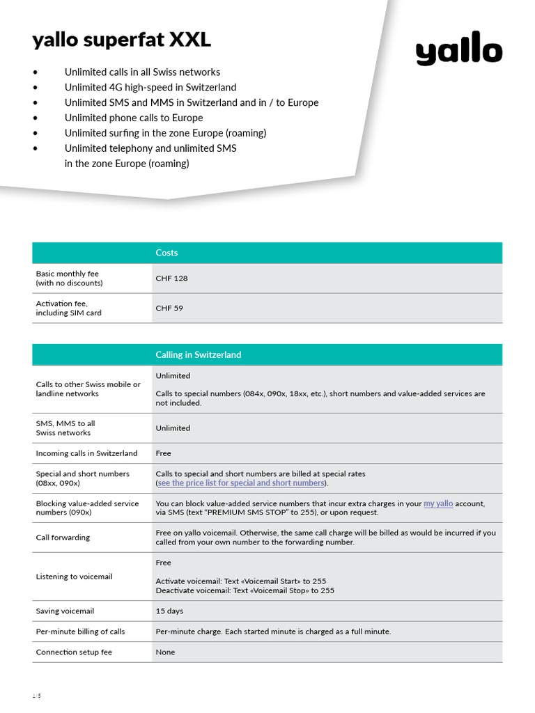 Factsheet Yallo Super Fat XXL en | PDF | Roaming | Voicemail