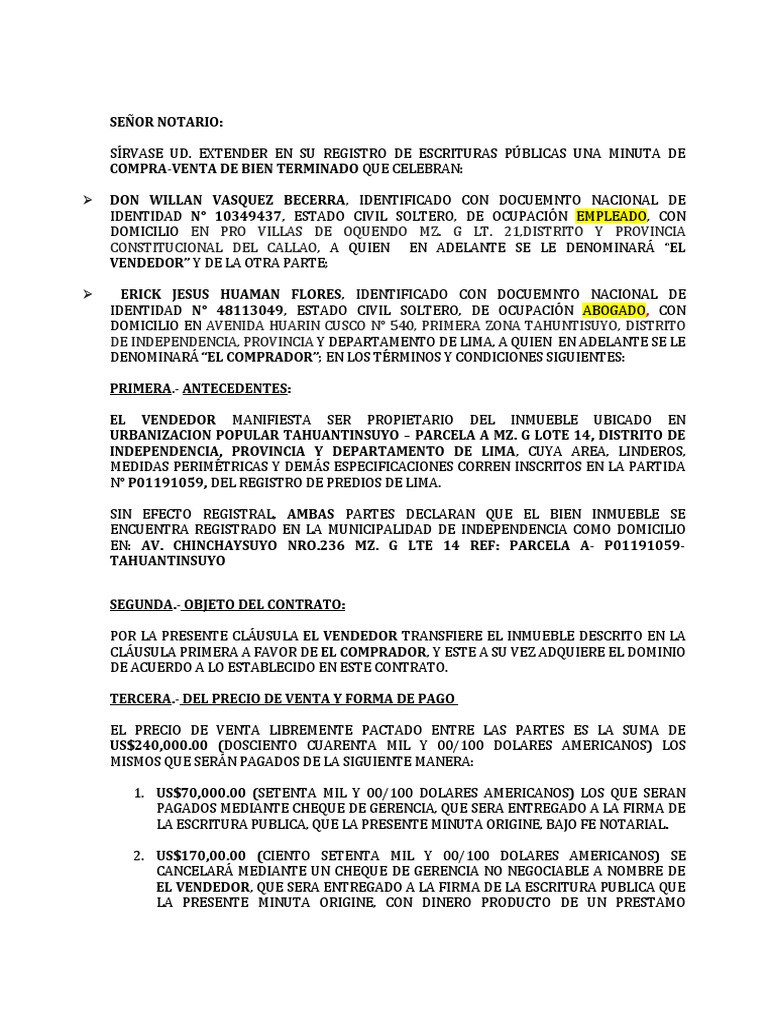 Minuta de Compra-Venta Inmueble | PDF | Impuestos | Derecho contractual