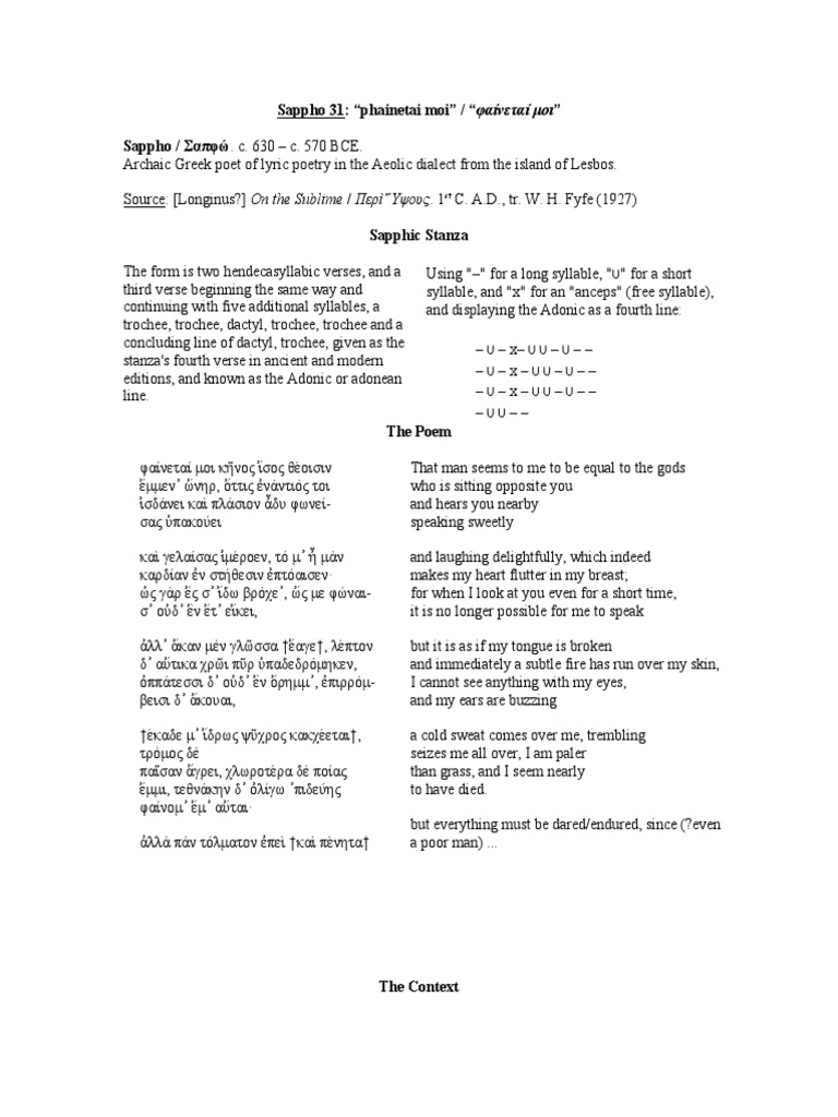 Sappho 31: "phainetai moi" / "φαίνεταί μοι" Sappho / Σαπφώ. c. 630 - c ...