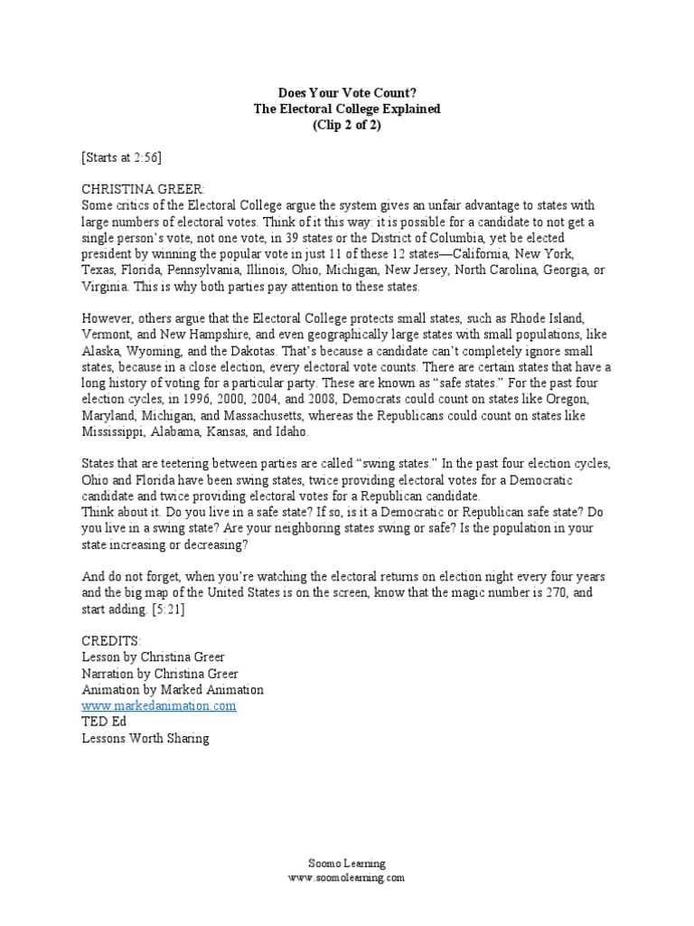 Does Your Vote Count? The Electoral College Explained (Clip 2 of 2) | PDF