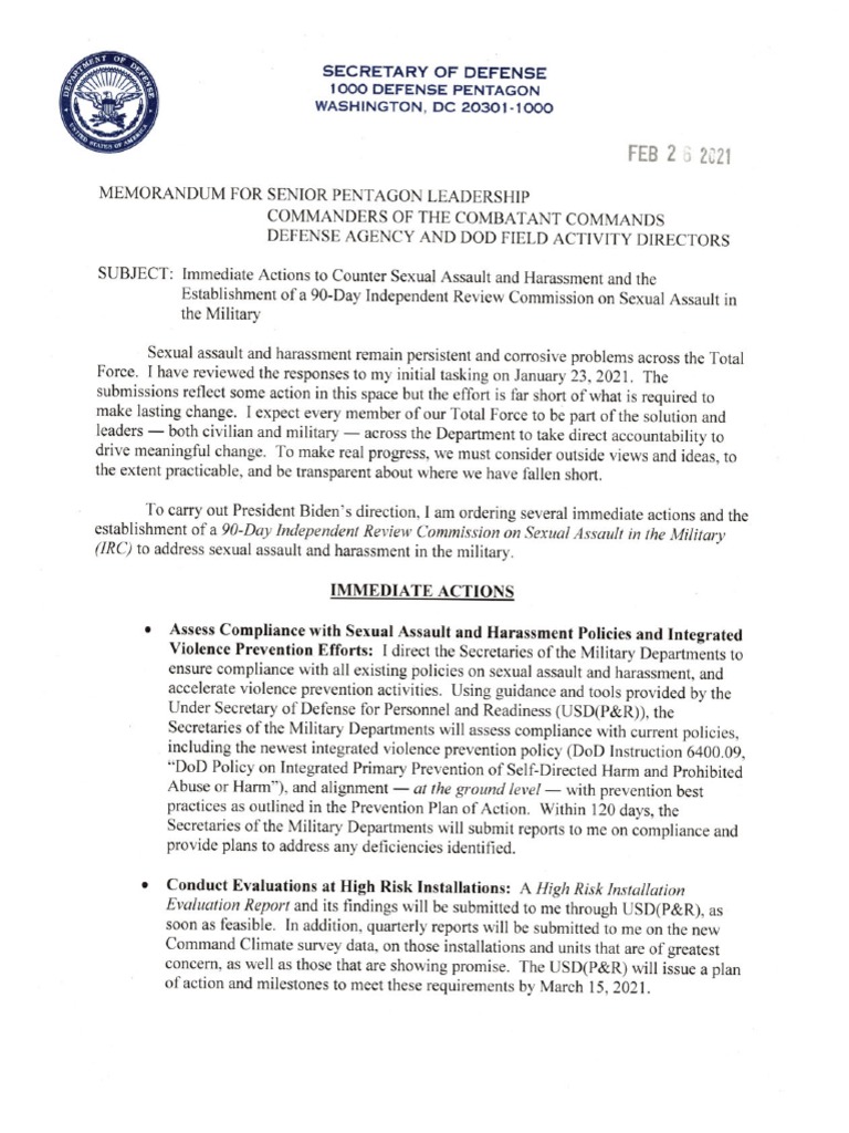 Approval of Memo Directing Immediate Actions To Counter Sexual Assault ...
