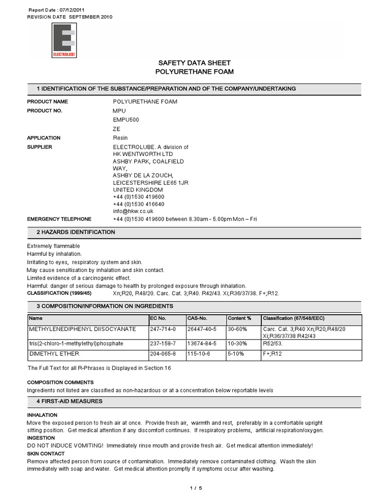 Safety Data Sheet Polyurethane Foam | PDF | Toxicity | Occupational ...