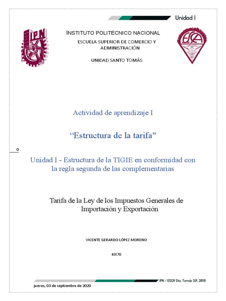 IPN TIGIE U-1 A1 Estructura de La Tarifa Jessica Fragoso Ramón 4IX70 ...