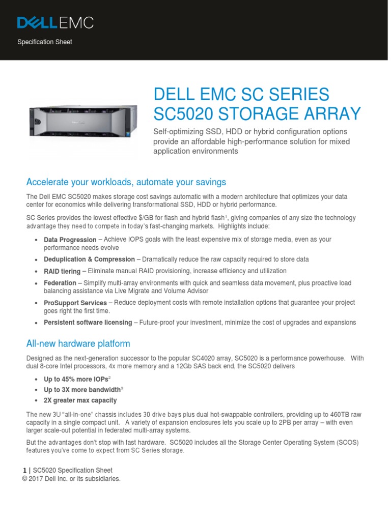 SC5020 Spec Sheet DellEMC | PDF | Solid State Drive | Hard Disk Drive