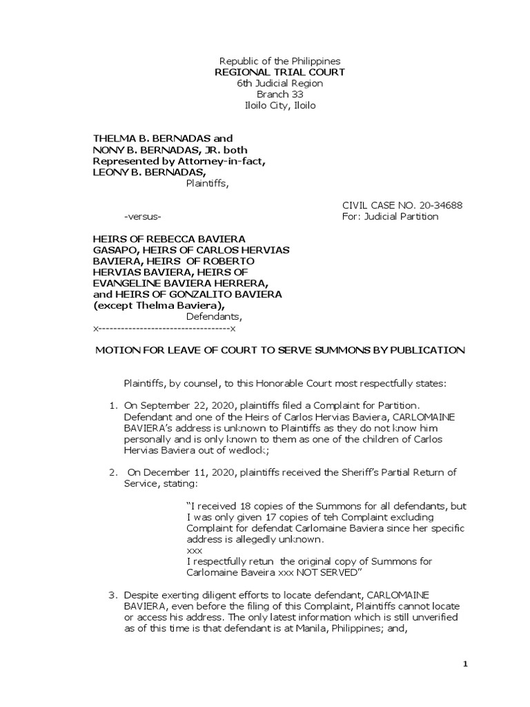 Motion For Service by Publication | PDF | Plaintiff | Complaint