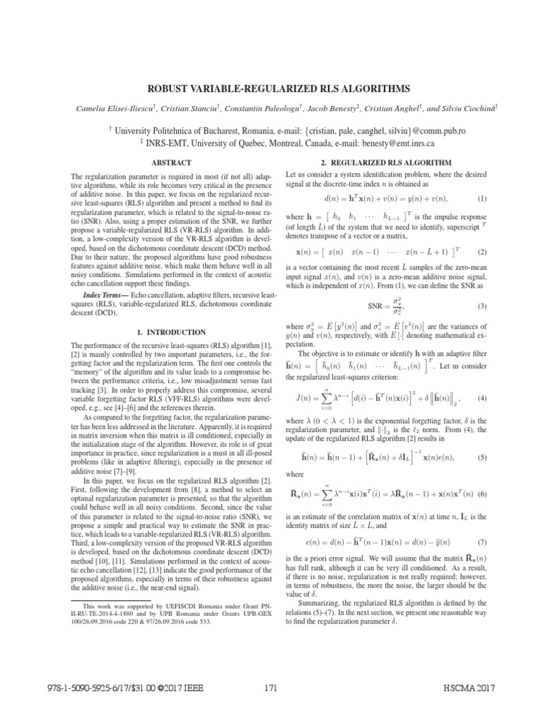 Robust Variable Regularized Rls Algorithms Pdf Signal To Noise Ratio Variance