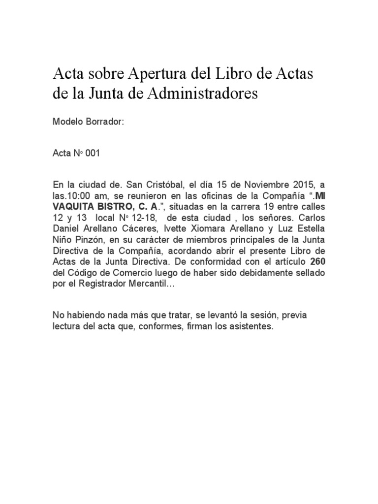 Acta Sobre Apertura Del Libro de Actas de La Junta de Administradores | PDF | Derecho