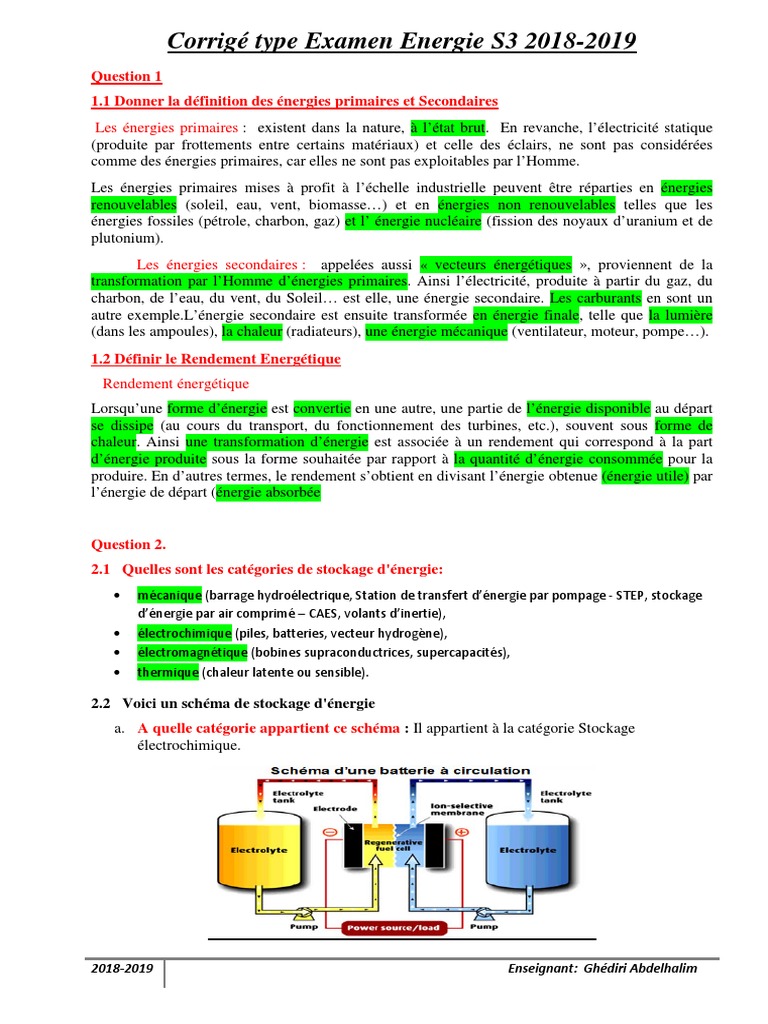 Corrigé Examen Énergie Renouvelable S3 | PDF | Stockage de l'énergie ...