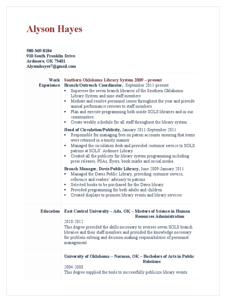 Alysons Updated End of Grad School Resume | PDF | Public Library ...
