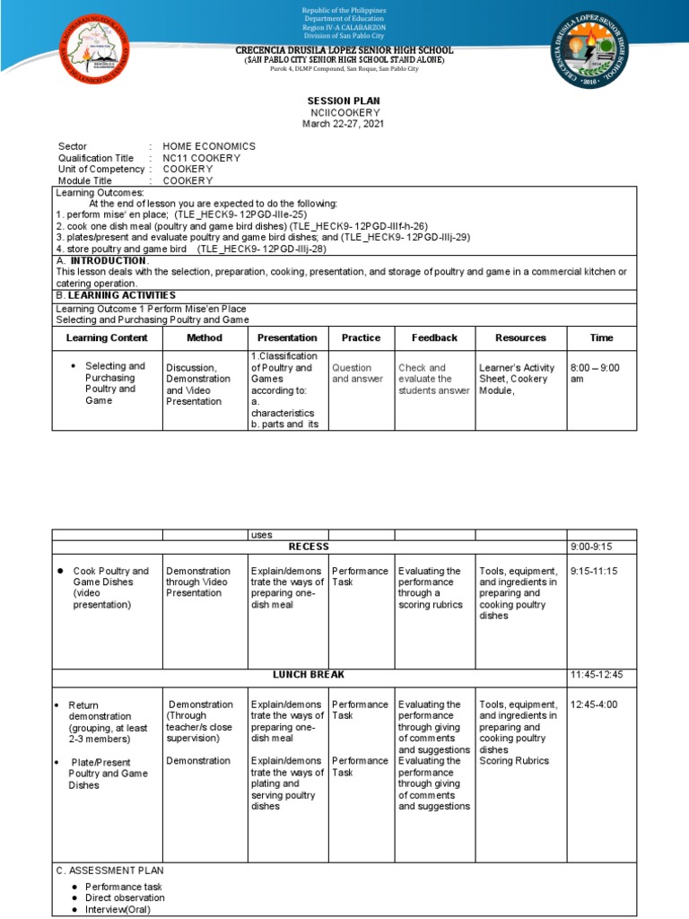 Cookery Session Plan for Poultry and Game Dishes | PDF | Cooking | Food ...