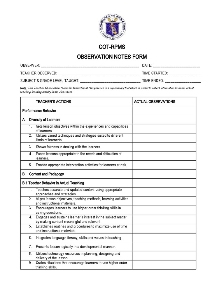 Cot-Rpms Observation Notes Form | PDF | Learning | Teachers