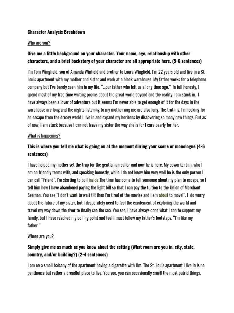 Glass Menagerie Character Analysis-Tom | PDF