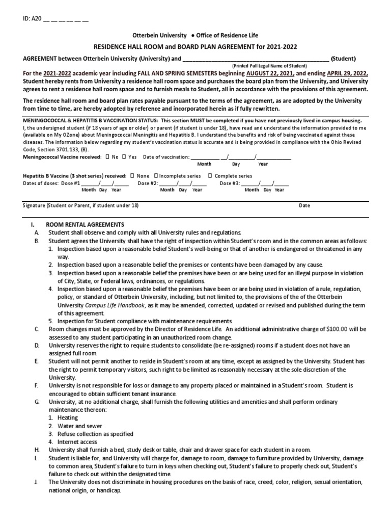 21-22 Residence Hall Room & Board Agreement | PDF | International ...