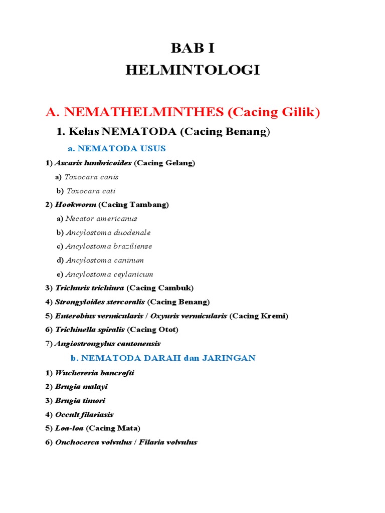 Bab I Helmintologi: A. NEMATHELMINTHES (Cacing Gilik) | PDF