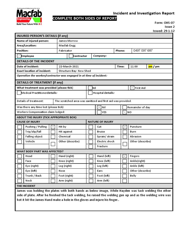 Incident and Investigation Report Sample | PDF | Welding | Construction