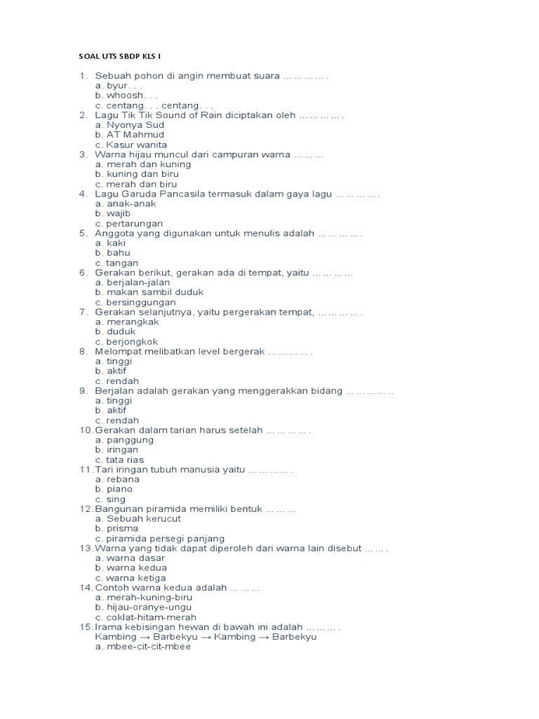 Soal Uts SBDP KLS I | PDF