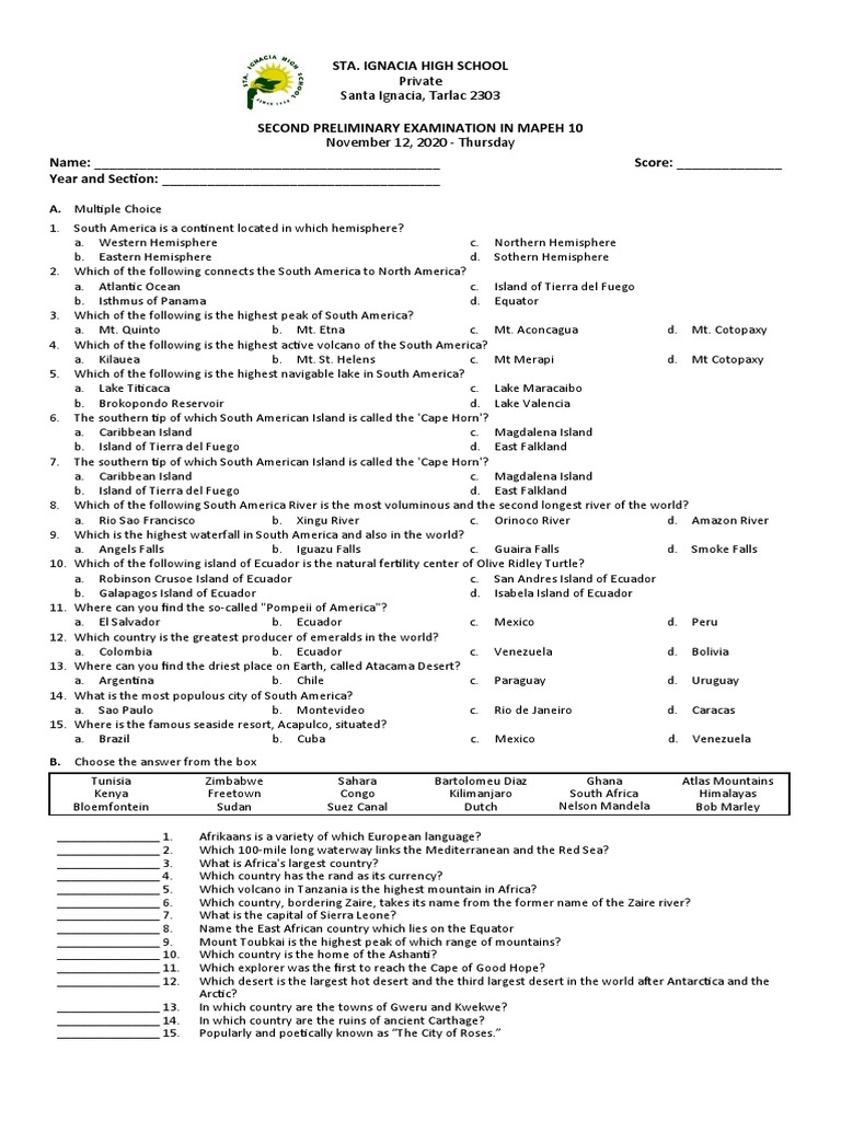 Sta. Ignacia High School: A. Multiple Choice | PDF | South America | Dances