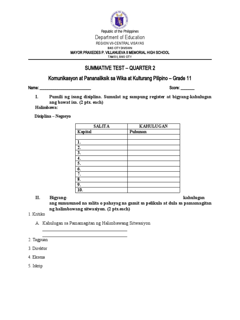 Komunikasyon SUMMATIVE Q2 | PDF