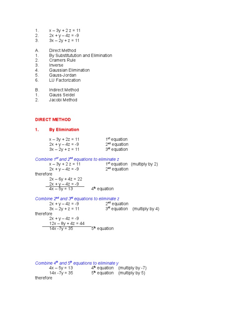 Direct Method 1. by Elimination: Combine 1 and 2 Equations To Eliminate ...