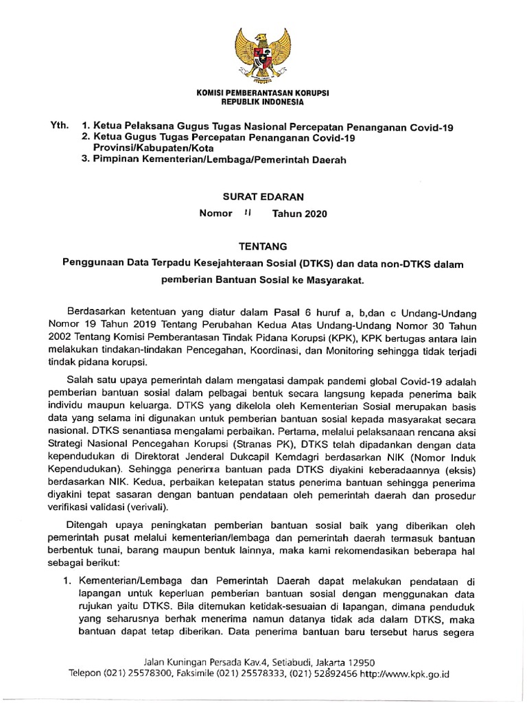 Surat Edaran Kpk Nomor 11 Tahun 2020 Tentang Penggunaan Dtks Dan Data ...