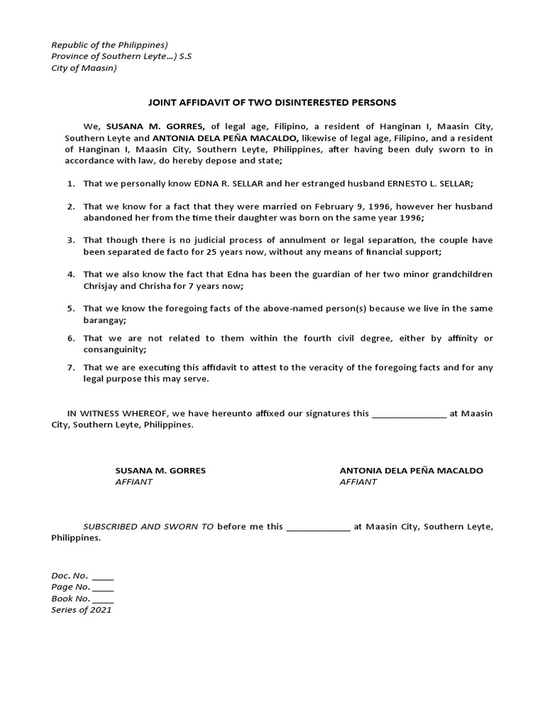 Joint Affidavit of Two Disinterested Persons | PDF | Social Science | Law