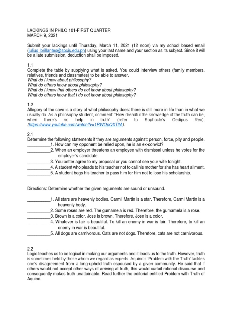 Lackings in Philo 101 1ST Quarter PDF | PDF | Argument | Truth
