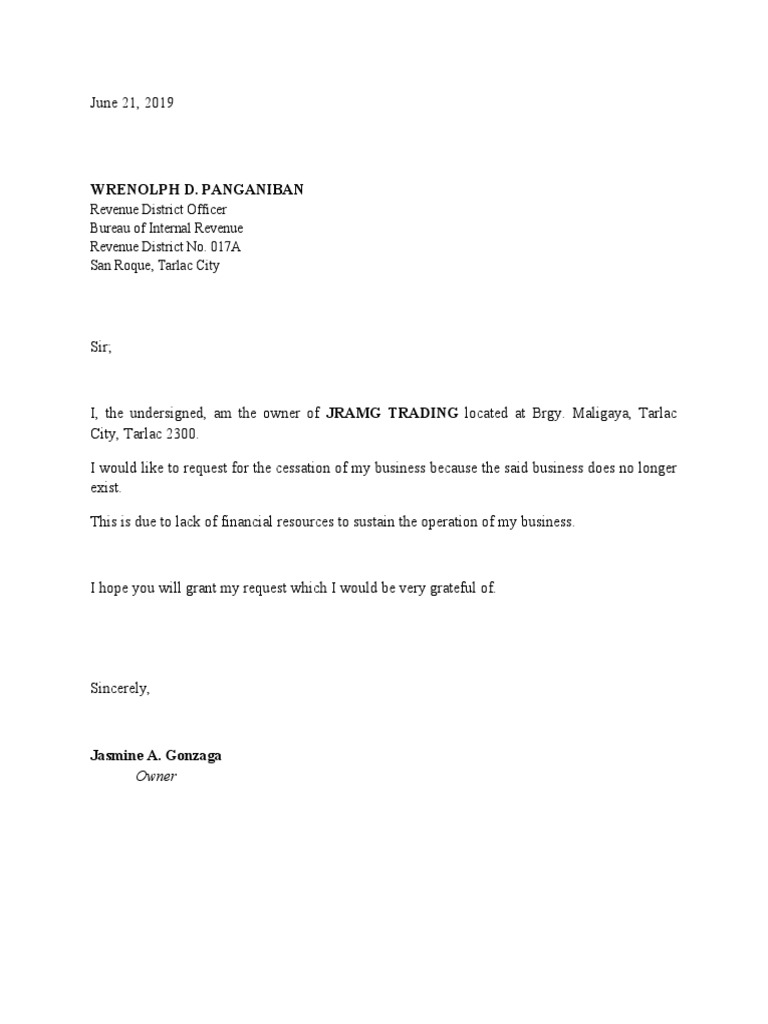 Request for Business Closure to BIR | PDF | Law