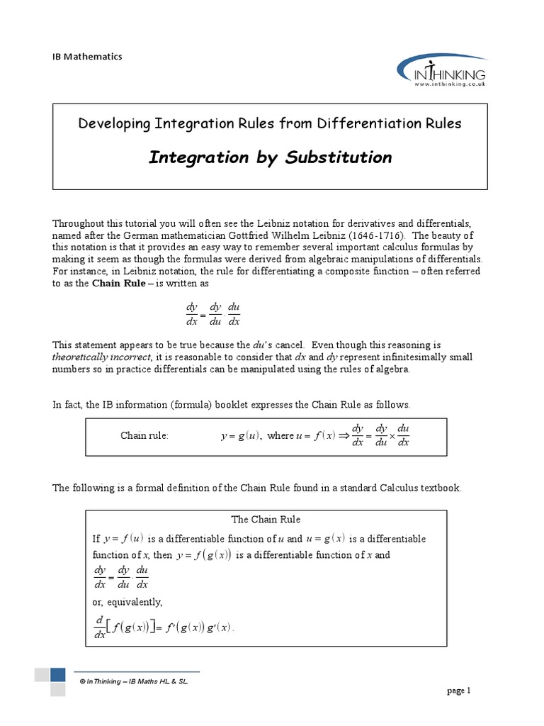 Integration by Substitution Tutorial | PDF | Integral | Derivative