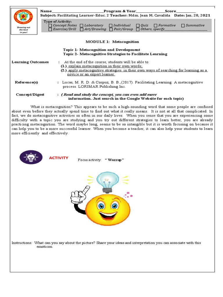 Module 1 Facilitating Learner Educ. 2 Topics 1 2 Jan. 28 2021 | PDF ...