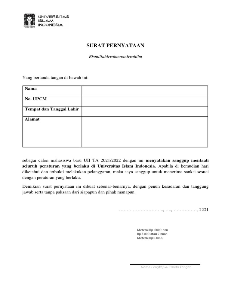 Surat Pernyataan Taat Aturan Camaba UII 2021 | PDF
