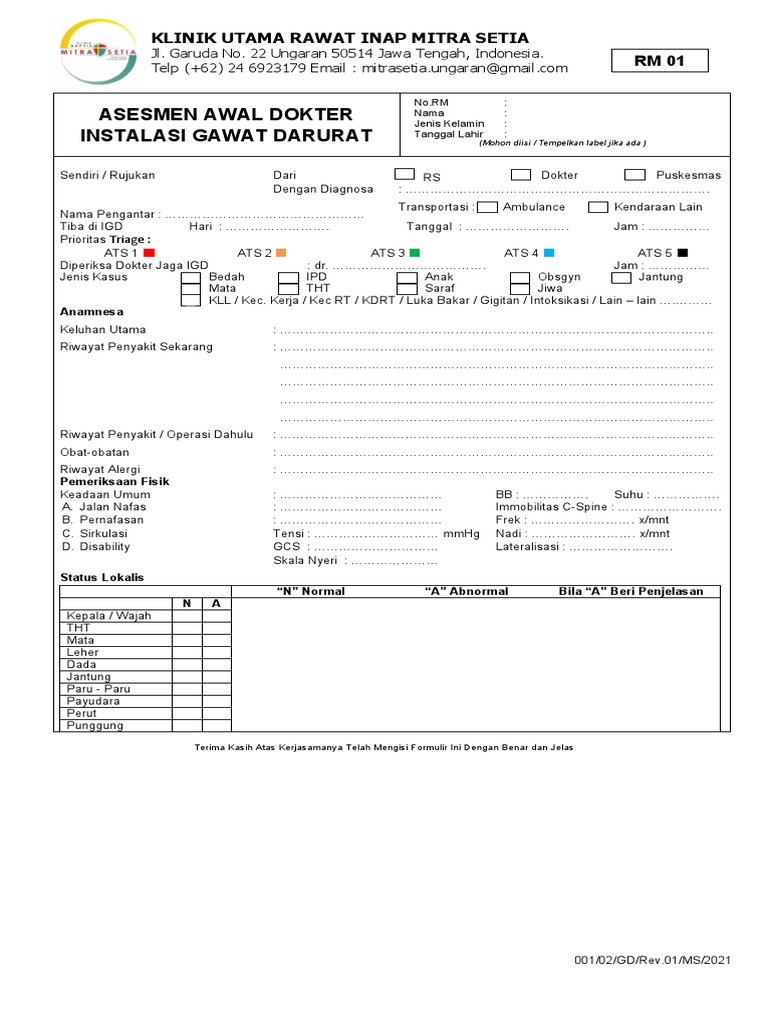 Form RM 01 Igd-Asesmen Awal Dokter Igd | PDF